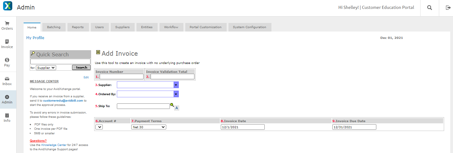 AvidInvoice: Creating a New Invoice