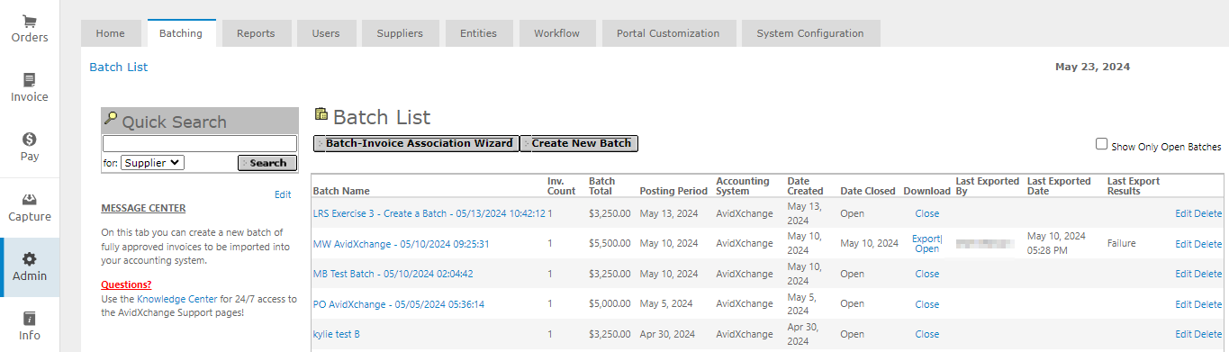 AvidInvoice: Batching Tab