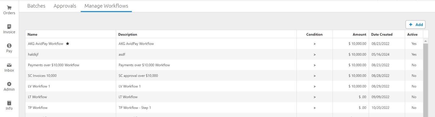 Avidpay Manage Workflows Tab 